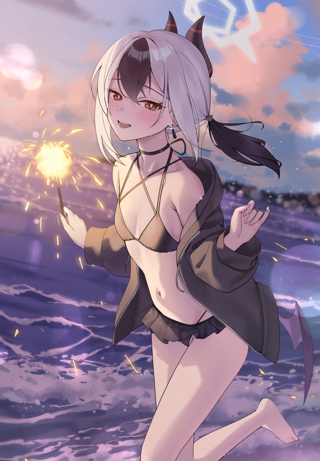 jmao blue archive onikata kayoko bikini devil halo horns open shirt skirt lift swimsuits thong ...